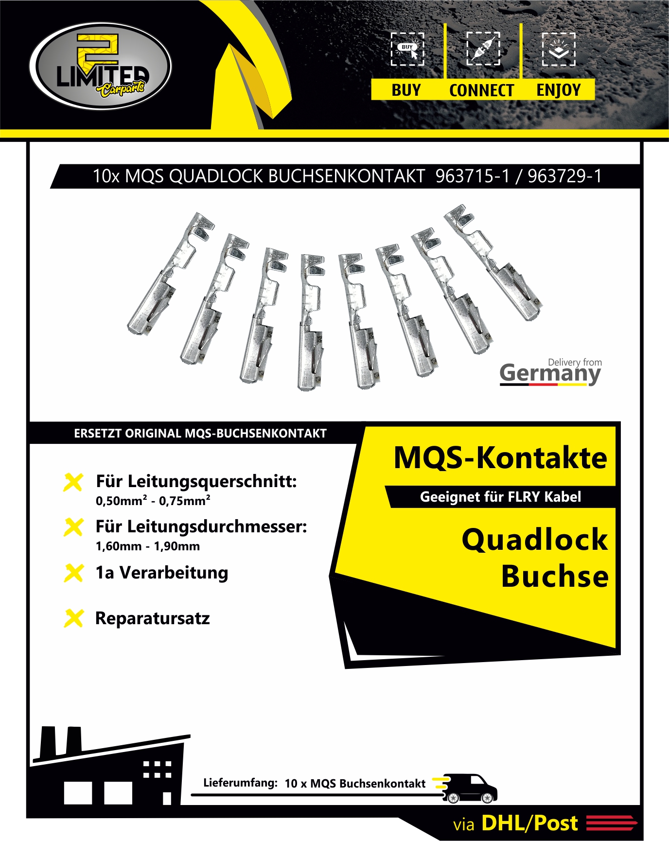 10x MQS QUADLOCK BUCHSE STECKER CRIMP KONTAKT PIN 0,50mm² - 0,75mm² ...
